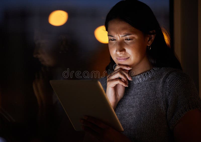 Thinking, Night and Business Woman on Tablet for Research Project ...