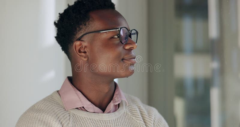 Thinking, Office and Business Black Man with Glasses with Ideas ...