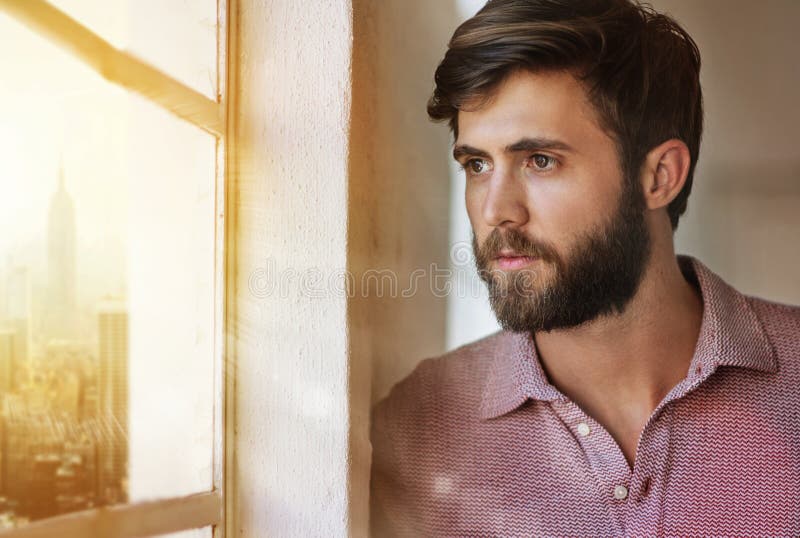 Thinking, Office and Business Man at Window with Planning, Problem ...