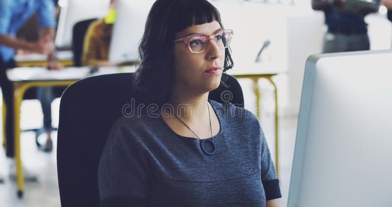 Thinking, Planning and Computer with Business Woman in Office for ...