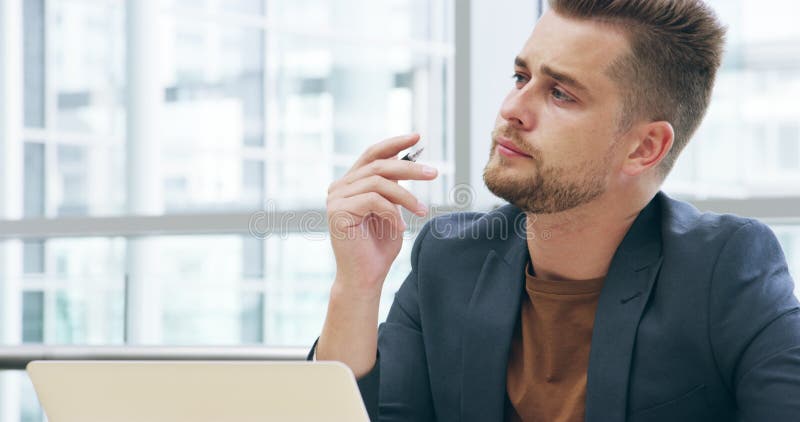 Thinking, Planning or Problem Solving on a Laptop with a Businessman in ...