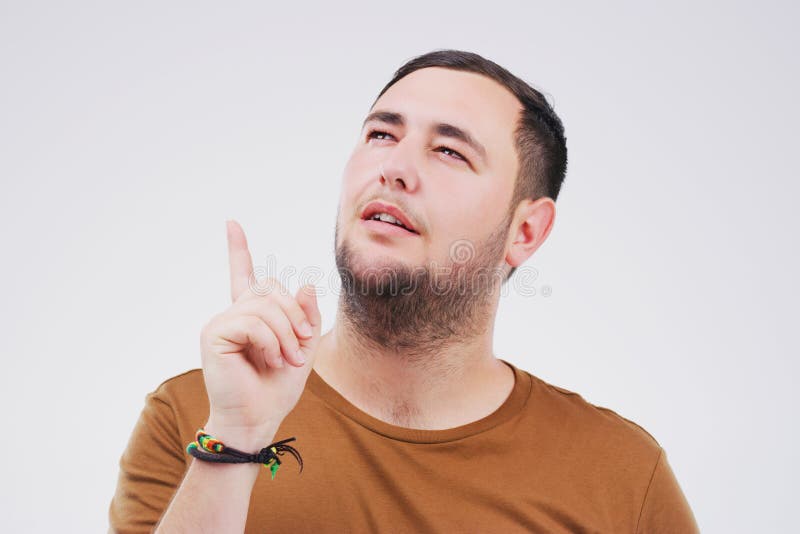 Thinking, Pointing Up and Woman in Studio for News, Advertising and ...