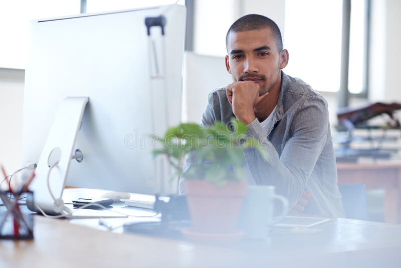 Thinking, Portrait or Man on Computer for Solution, Problem Solving or ...