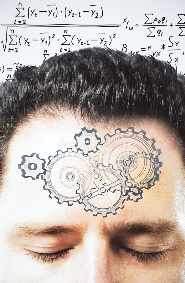 Thinking Process Concept with Gears on Man Forehead at Equations Stock ...