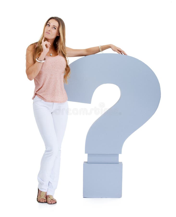 Thinking, Question Mark and Woman on a White Background with Sign for ...