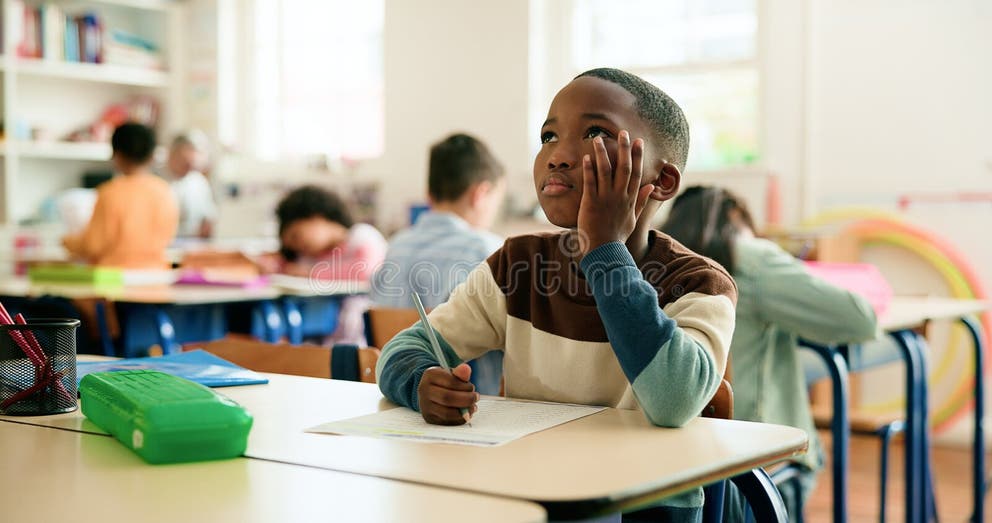 Thinking, Quiz or Boy in Classroom for Writing Education, Maths or ...
