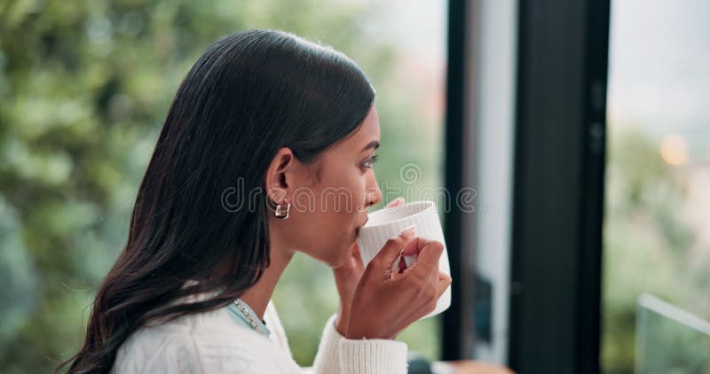 Thinking, Relax and Girl Drinking Tea for Peace, Calm and Reflection ...