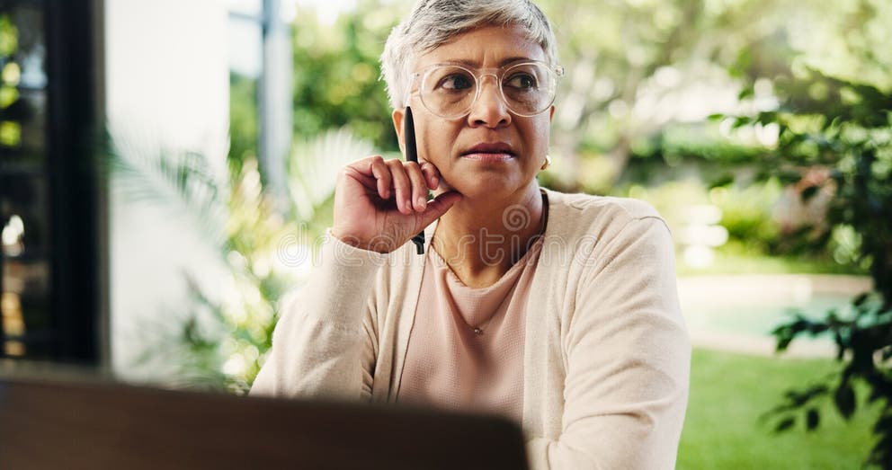 Thinking, Remote Work and Serious Mature Woman with Decision, Planning ...