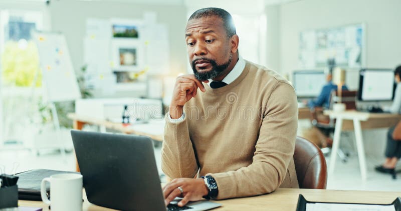 Thinking, Research and Laptop with Business Man in Office for Design Proposal, Project ...