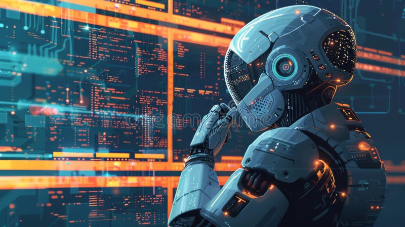 Thinking Robot with Data Screen Artificial Intelligence Machine ...