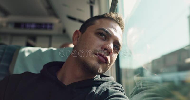 Thinking, Sad and Young Man on Train with Mental Health Problem or ...