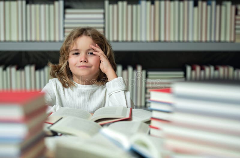 Thinking School Kid. Child Reading Book in a Book Store or School ...