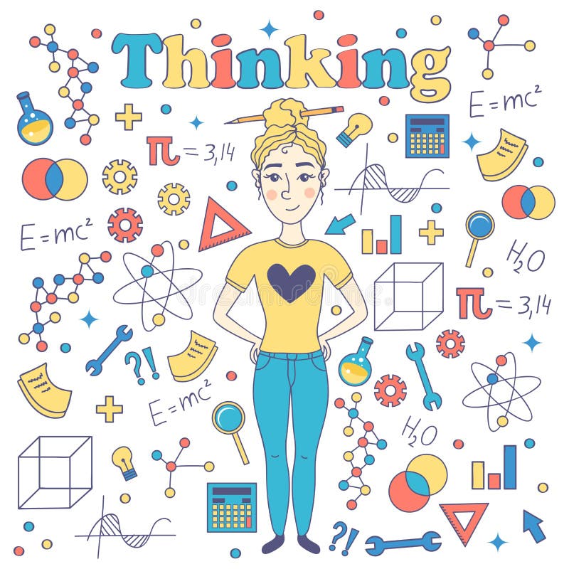 Thinking. Scientific Illustration in Cartoon Style with Smart Girl ...