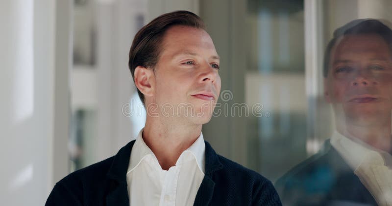 Thinking, Smile and Business Man at Office Window with Vision, Solution ...