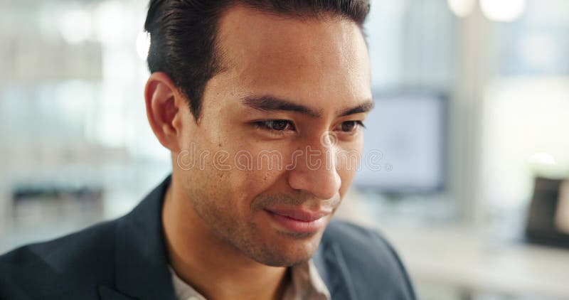 Thinking, Smile and Business Man with Solution in Office, Reflection or ...