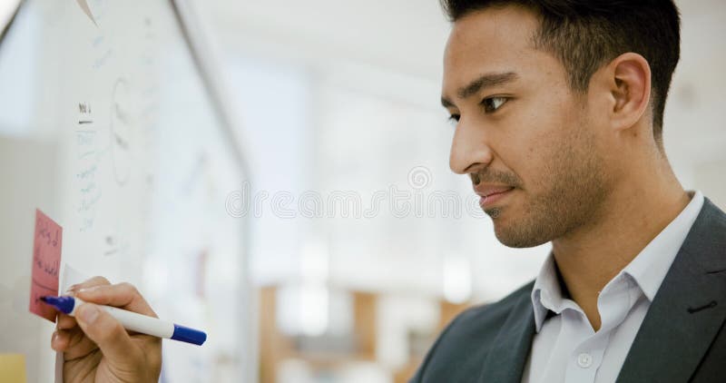 Thinking, Smile and Writing on Glass with a Businessman in His Office ...