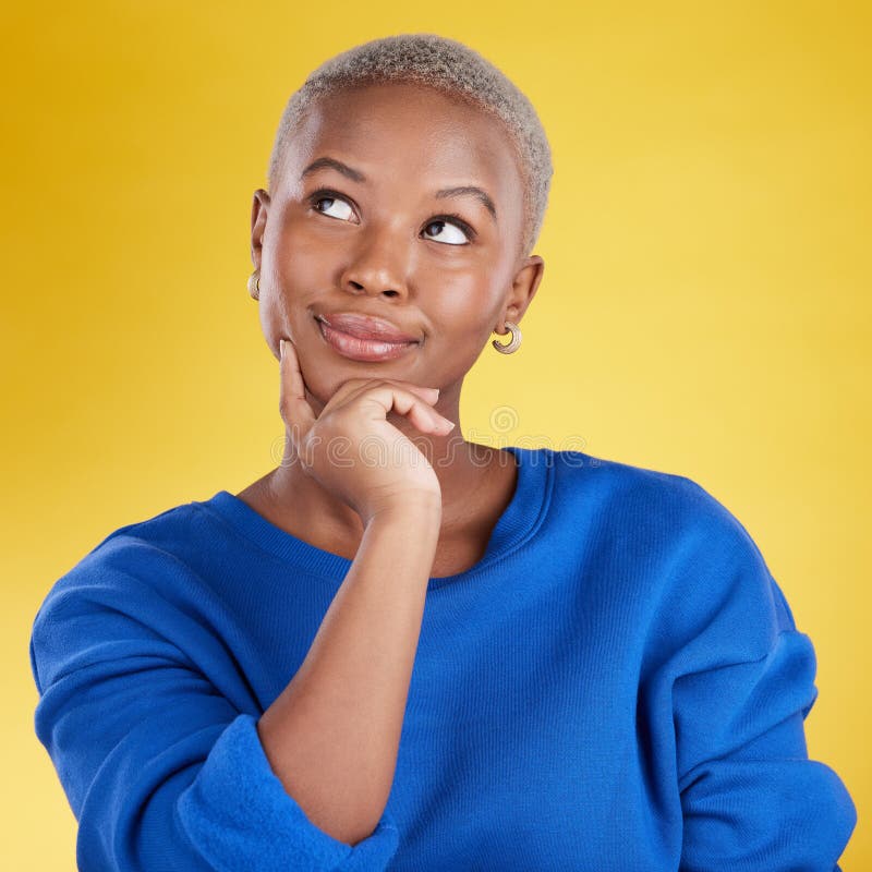 Thinking, Solution and Face of Black Woman in Studio, Yellow Background ...