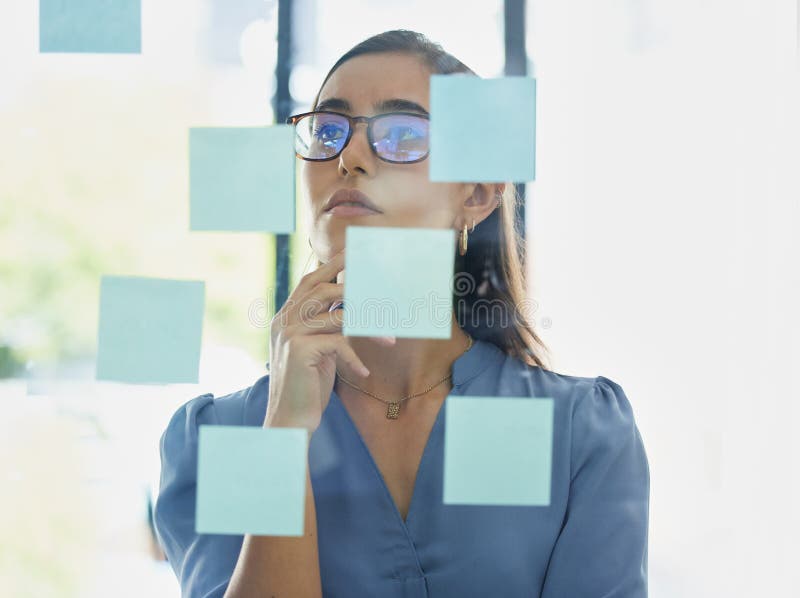 Thinking, Sticky Note or Business Woman Problem Solving with Marketing ...