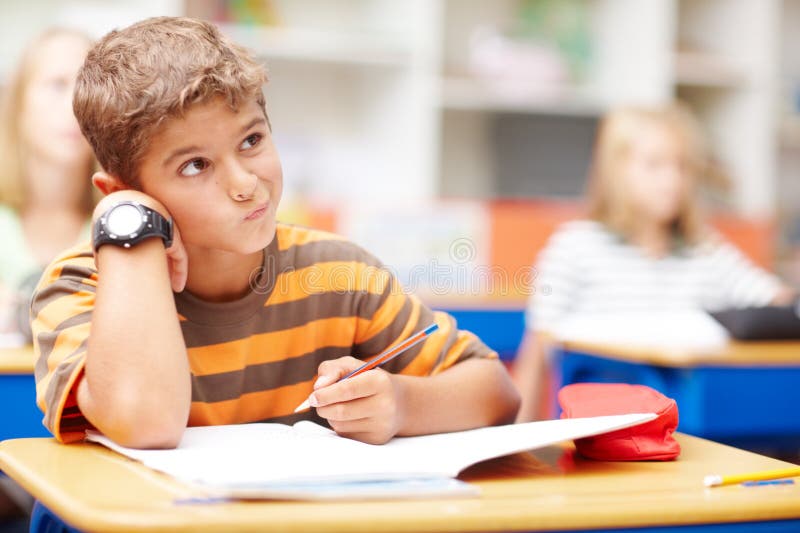 Thinking, Student and Boy in Classroom, Notebook and Solution for Test ...