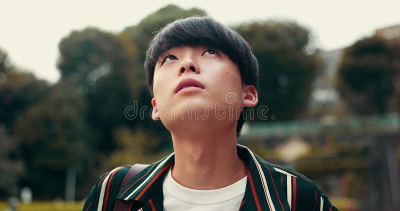 Thinking, Student and Japanese Man in Park for Education, College ...