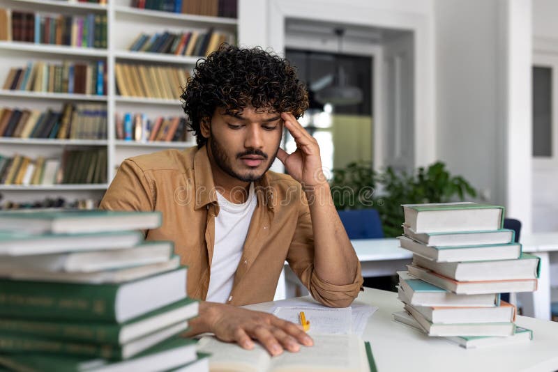 Thinking Student Preparing for Exams Inside Academic Library, Man ...