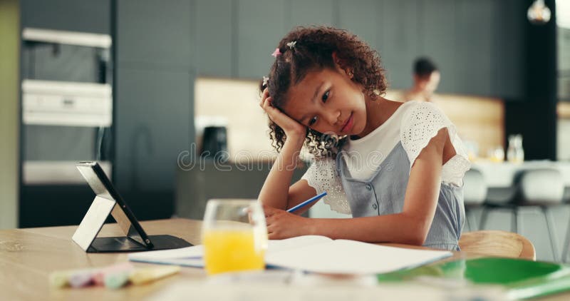 Thinking, Tablet and Bored Child with Homework in House for E Learning ...