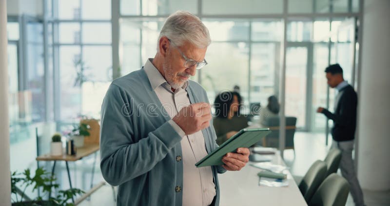 Thinking, Tablet and Business Man Problem Solving, Research or ...