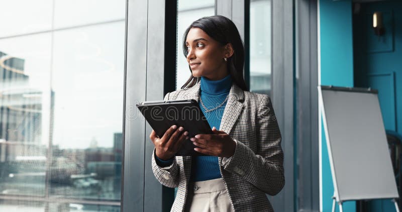 Thinking Tablet Window Business Woman Office Workshop Coordinator ...