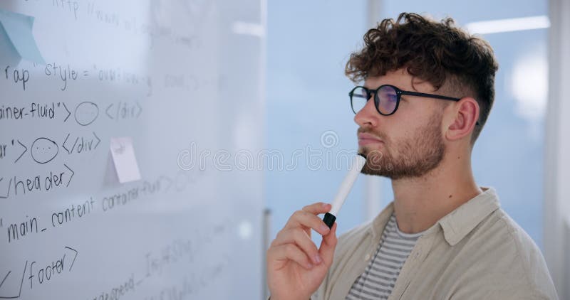 Thinking, White Board and Man in Classroom, Education or Teacher with ...