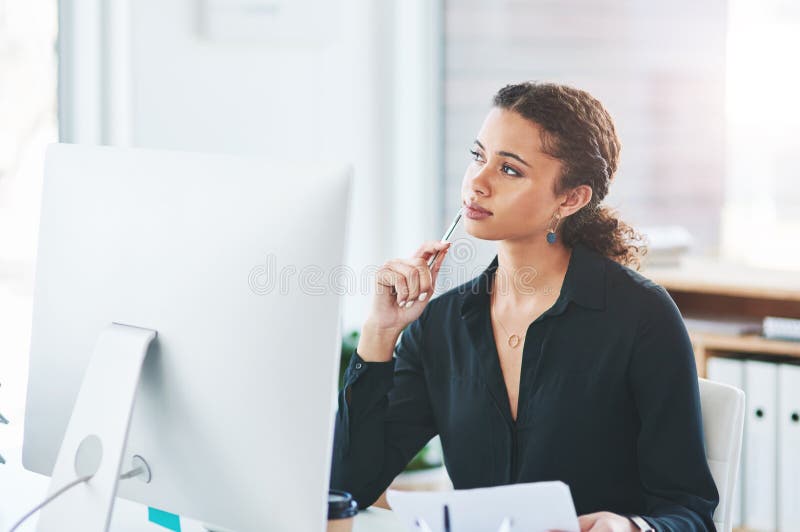 Thinking, Woman and Computer in Office for Ideas and Vision, Strategy ...