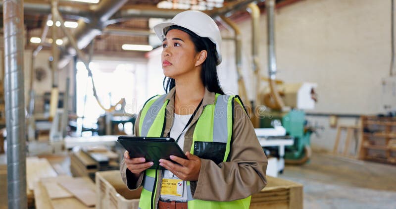 Thinking, Woman and Engineer with Tablet for Construction, Insight and ...