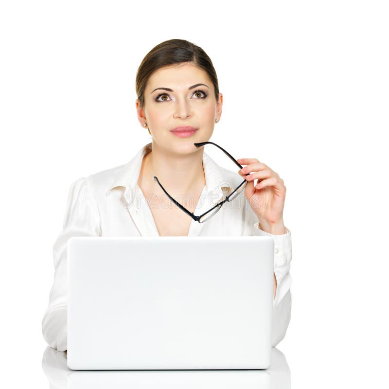 Thinking Woman with Laptop in White Shirt Stock Image - Image of ...