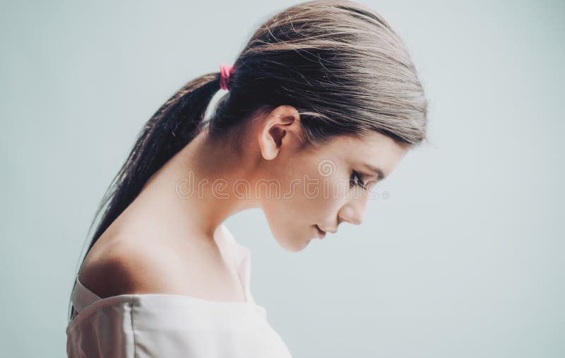 Thinking Woman Looking Down. Problems Solution. Overthinking Girl ...