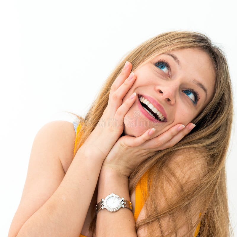 Thinking woman looking up stock image. Image of casual - 36918431