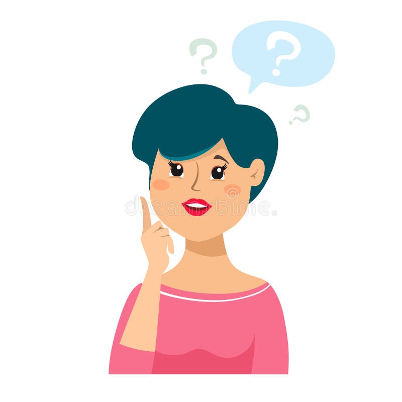 Thinking Woman with Question Marks. Vector Cartoon Illustration on ...