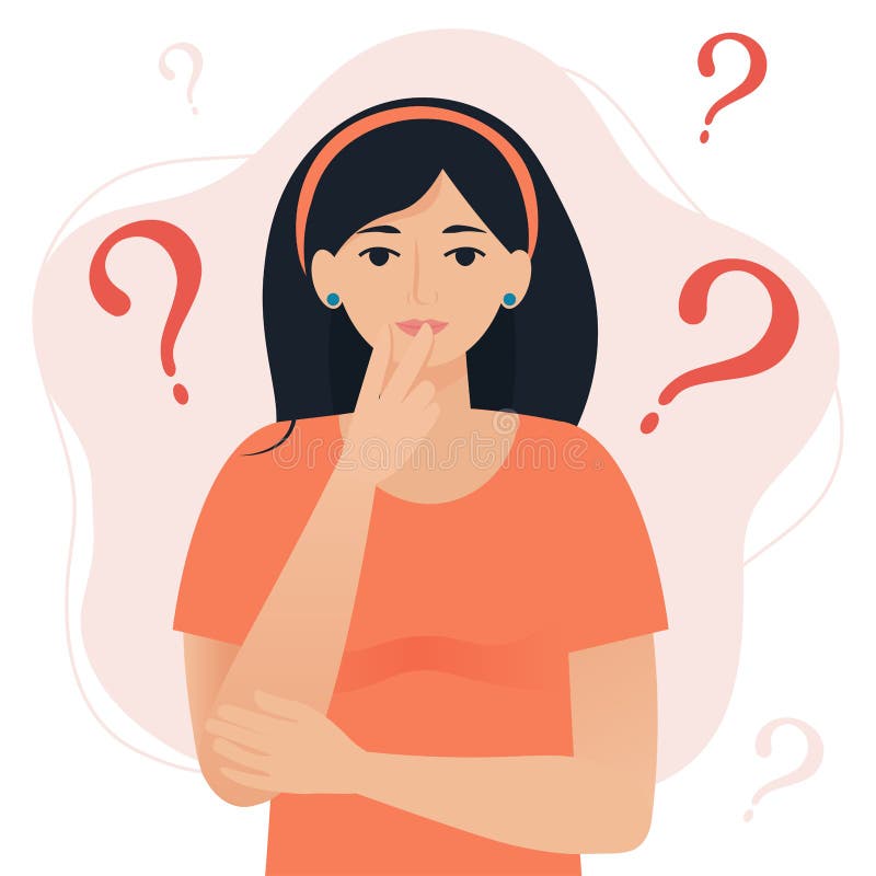 Thinking Woman with Question Marks. Flat Cartoon Style Vector ...