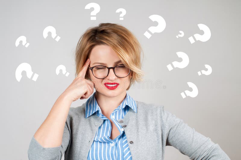 Thinking Women with Question Marks on White Background Stock Photo ...