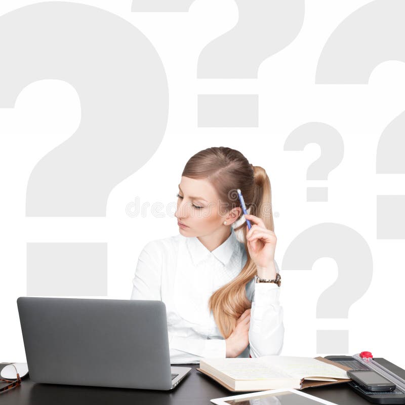 Thinking Women with Question Marks on White Background Stock Photo ...