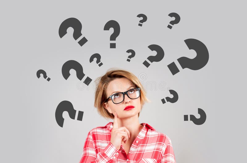 Thinking Women with Question Marks on White Background Stock Photo ...