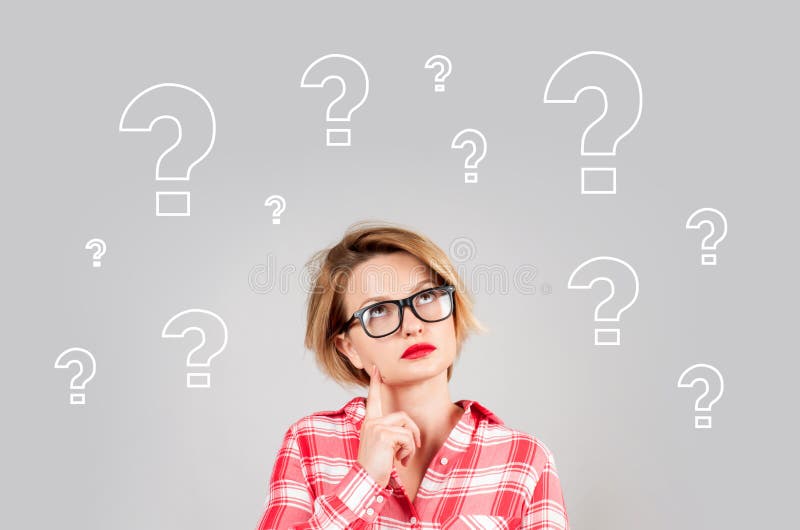 Thinking Women with Question Marks on White Background Stock Photo ...