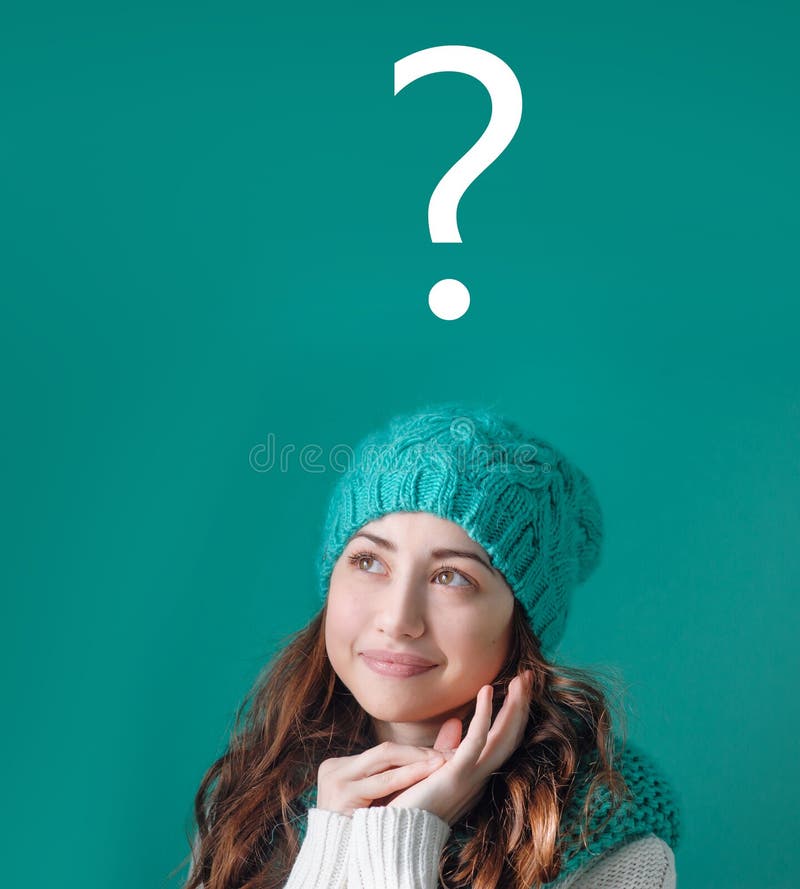 Thinking Women in Turquoise Knitted Hat with Question Stock Image ...