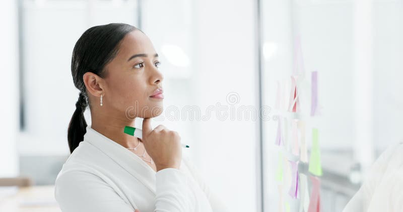 Brainstorming, Business Woman and Writing a Note with Ideas and ...