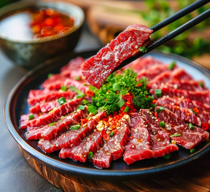 Thinly Sliced Beef for Korean BBQ with Sesame Seeds and Green Onions ...