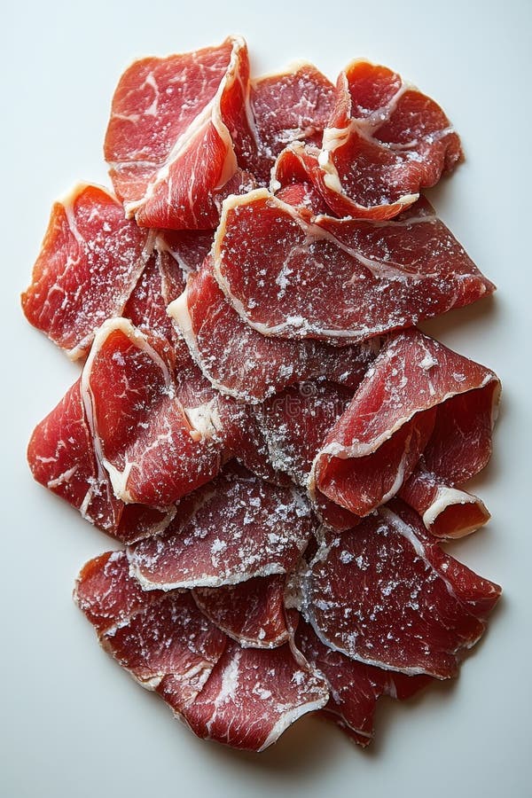 Thinly Sliced Cured Meat Laid Out on a White Surface, Showcasing Rich ...