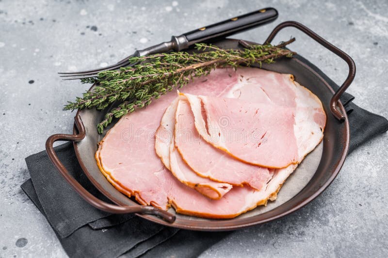 Thinly Sliced Pork Ham, Smoked Meat. Grey Background Stock Image ...