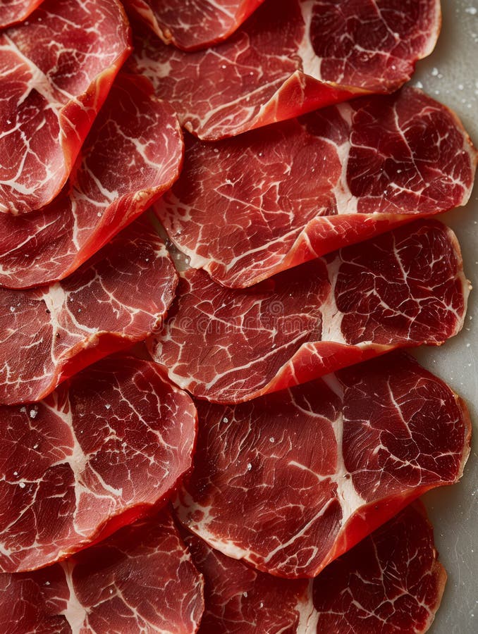 Thinly Sliced Prosciutto with Marbled Fat. Stock Image - Image of ...