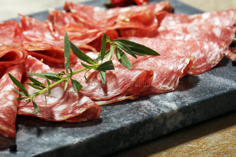 Thinly Sliced Salami . Delicious Snack Rustic Salami Stock Photo ...