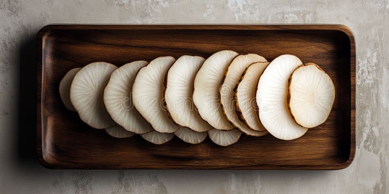 Thinly Sliced White Root Vegetable Arranged in a Wooden Tray on Neutral ...