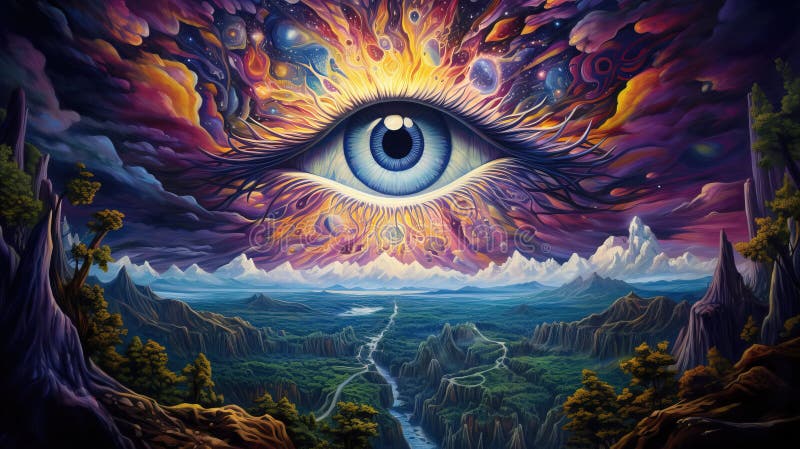 Third Eye Looking Over a Green Landscape with Valley, Mountains, and ...