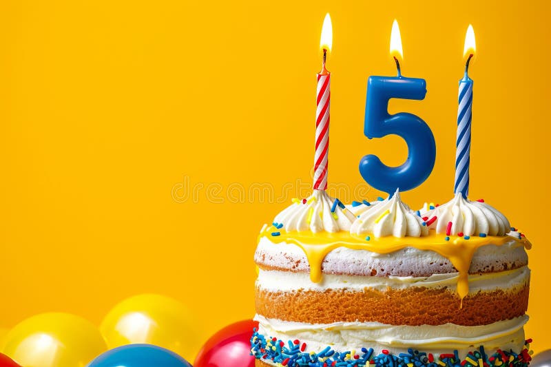 Third Year Celebration Cake with Number Five Candle, Balloons, Banner ...